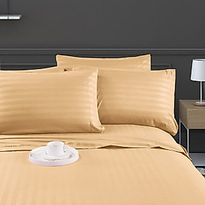 Mocassi Queen Stripe Sheet Set - Luxury Hotel 1800 Premier Bedding Sheets & Pillowcases - Ultra Soft Breathable & Cooling Bed Sheets - Wrinkle Resistant - 6 Piece Set - Queen, Gold