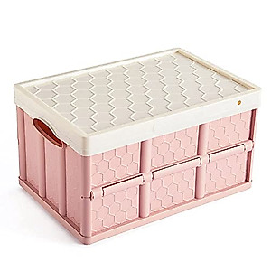 Radefasun Foldable Storage Bins with Lids Plastic Collapsible Storage Box Portable Stackable Grocery Toys Books Container Folding Latching Storage Crate with Removable Pulley and Pull Rod (Pink, L)