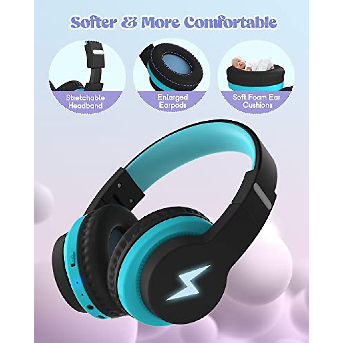 Kids Bluetooth Headphones, Colorful Wireless Over Ear Headset with LED Lights, Built-in Mic, 45H Playtime, 85dB/94dB Volume Limited Headphones for Boys Girls iPad Tablet School Airplane (Blue)