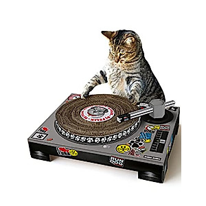 Suck UK Cat Scratcher, Scratching Post, Spinning Cardboard DJ Deck Interactive Toys / Alternative Accessories For Cat & Kitten Owners, Indoor Cat Gifts & Supplies