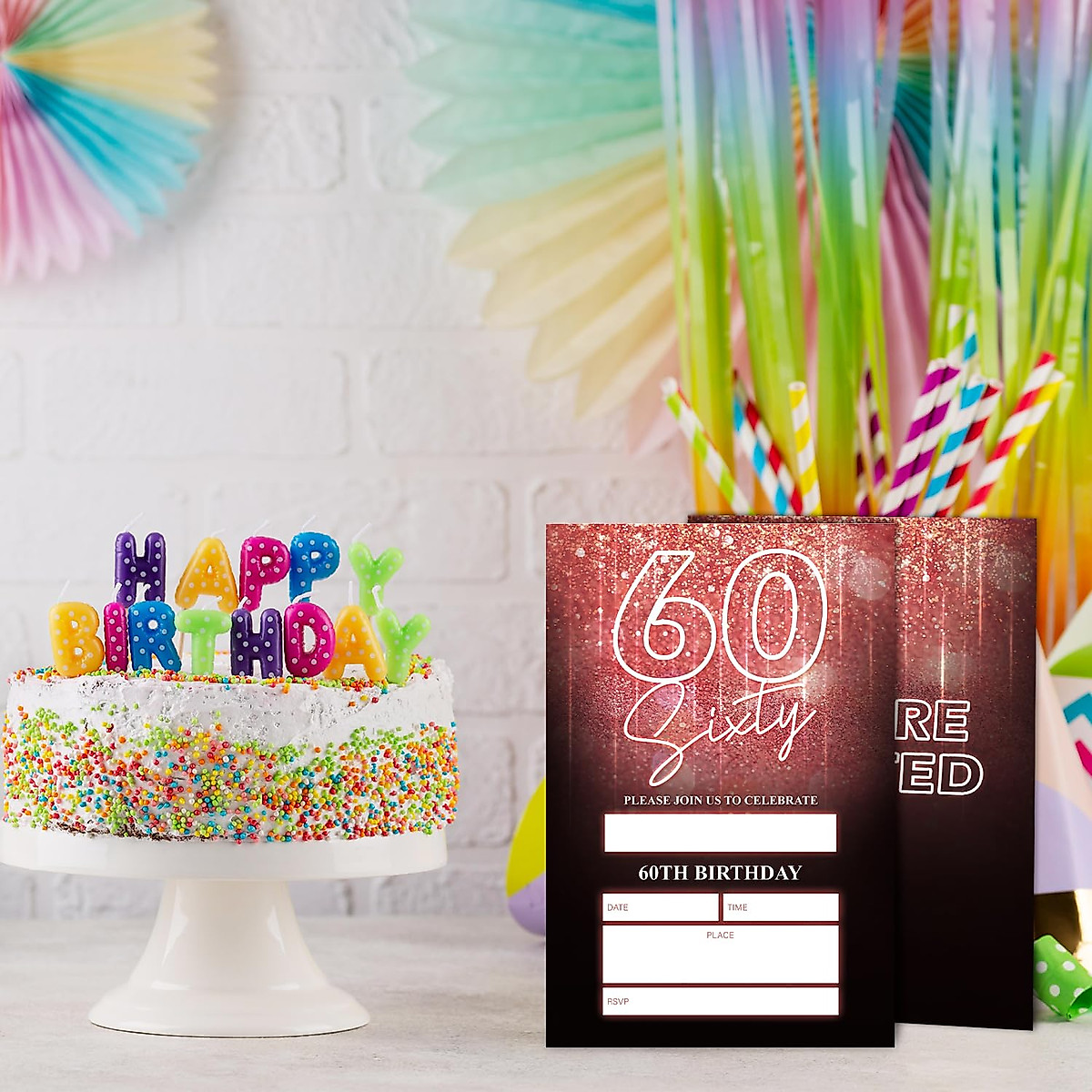 Ziyouza Neon Pink Birthday Invites, 60th Birthday Party Invitations for Woman and Man, Rose Gold Glitter Birthday Party Invitations (20 Count with Envelopes) for Adult Birthday, Surprise Party-29