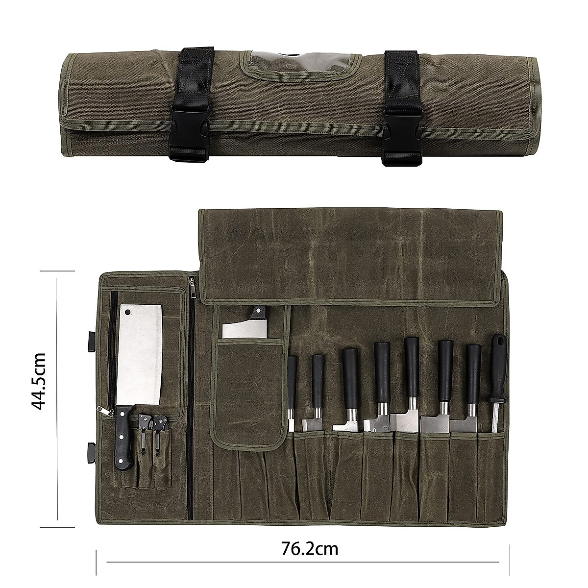 HERSENT Waxed Canvas Chef’s Knife Roll Bag,Army Green Knife Wrap,Portable Knife Roll, Waterproof Pocket Knife Carrier,Durable 16oz Knife Case With Adjustable Shoulder Strap