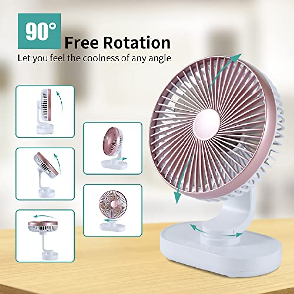 fandicle Battery Operated Fan Portable, 4 Speed 4000 mAh 8.9 Inch USB Powered Fan, Adjustable Angle Tabletop Fan with Upgraded Strong Airflow Quiet Small Desk Fan for Travel, Camping, Office, Car