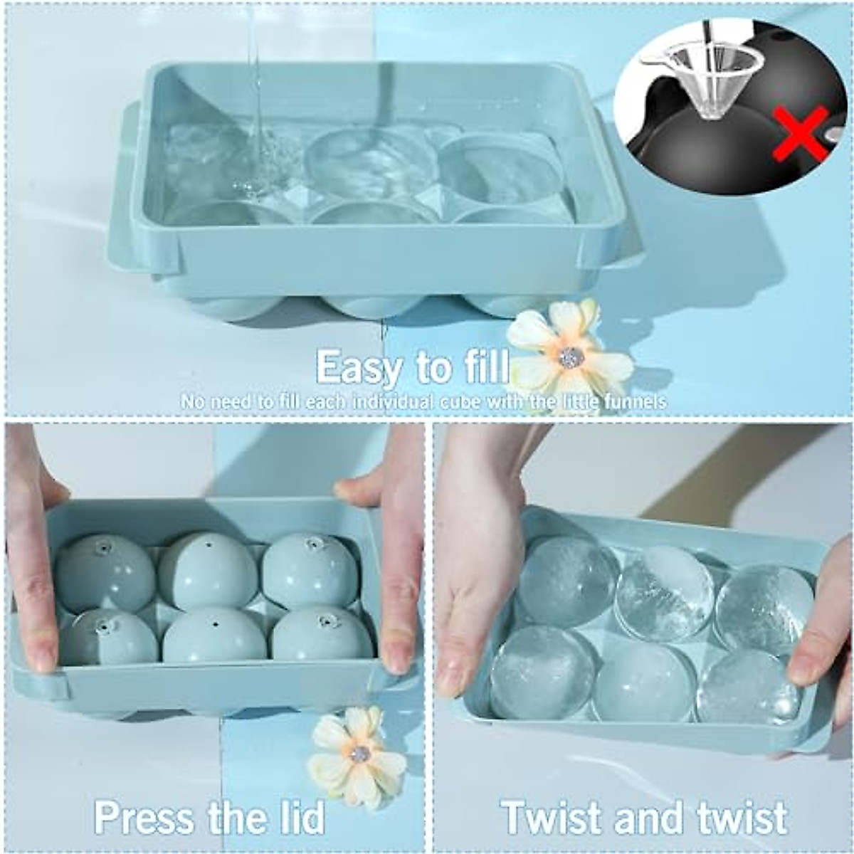 WIBIMEN Large Ice Cube Tray, 1.9IN Whiskey Ice Mold, 2 Pack Sphere Ice Cube Mold with Bin&Tong, Leak-free Round Ice Cube Mold, Easy Fill & Release Ice Ball Maker for Whiskey Cocktails Bourbon(Blue)