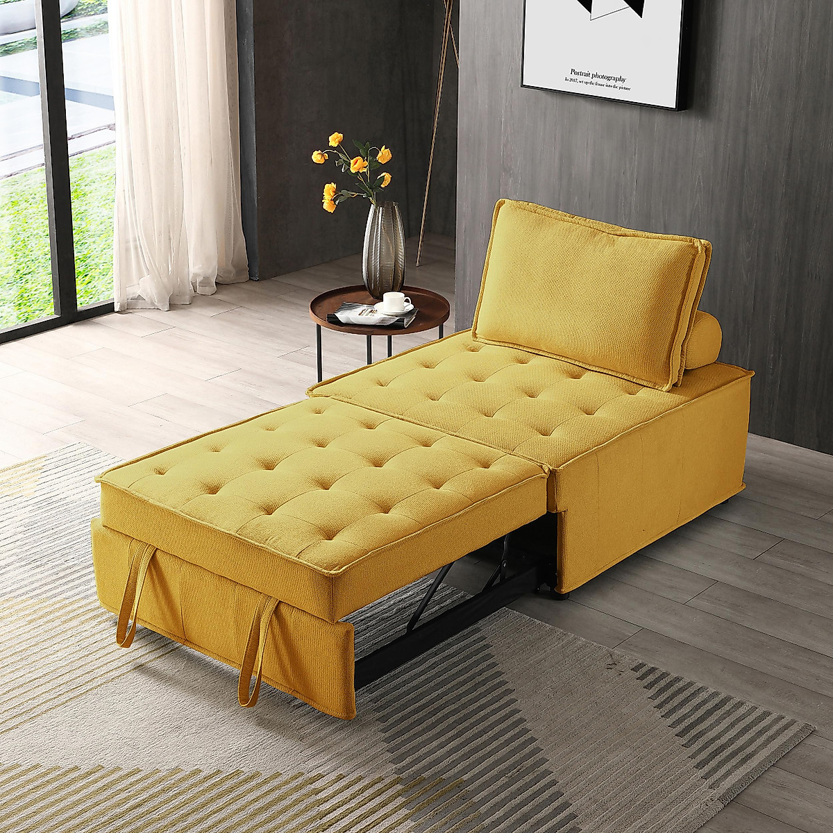 LIADTOP Pull Out Sofa, Small Tufted Velvet Convertible Couch, Easy to Assembly Faux Leather Single Bed with Removeable Backrest for Living Room Apartment (Yellow+Fabric)