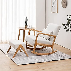 Icoget Rocking Chair Nursery with Ottoman, Accent Living Room Chair, Glider Chair w/Solid Woods Base, Comfortable Thickened Upholstered Lounge Chair, Modern Rocker Armchair, White