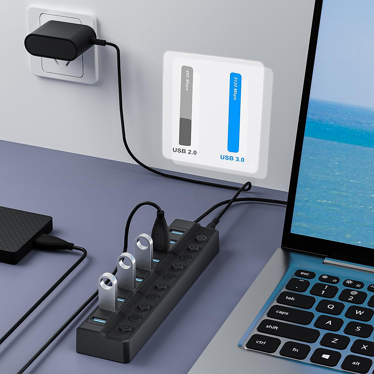 ONFINIO USB Hub 3.0 Powered, 6 Ports USB Hub Splitter (4 High Speed Data Transfer Ports + 2 Smart Charging Ports) with Individual On/Off Switches and 48W Power Adapter for Mac Pro/Mini, PC, HDD, Disk