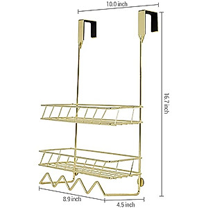 MyGift Brass Metal Wire Over The Door Hanging Bathroom Accessories Organizer Rack, 2 Tier Bath Storage Shelf with 4 Triangular Hooks