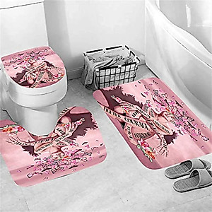 Vivianbuy 4 Pcs Pink Lady African American Bathroom Shower Curtain Sets with Rugs Toilet Lid Cover and Bath Mat,Black Women Bathroom Set with Waterproof Fabric Bathroom Curtain and 12 Hooks