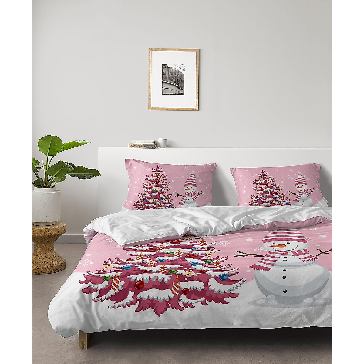 Christmas Winter Snowman Snow Duvet Cover Sets 4 Piece Twin Ultra Soft Bed Quilt Cover Set for Kids/Teens/Women/Men,Xmas Tree Snowflakes on Pink Bedding Collection All Season Use