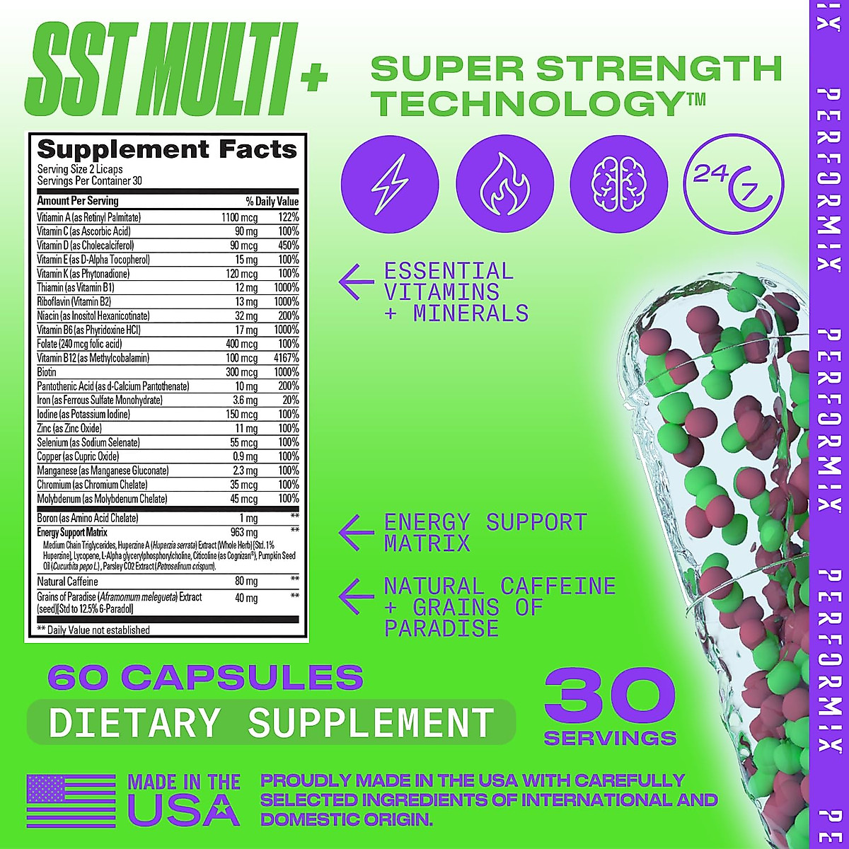 PERFORMIX - SST Multi+ Multivitamin - Natural Energy - Timed-Release - Immune System & Metabolic Support - Weight Goals - Caffeine, Biotin, Vitamin A, C, D, E, B6 & B12 - Women & Men - 60 Count
