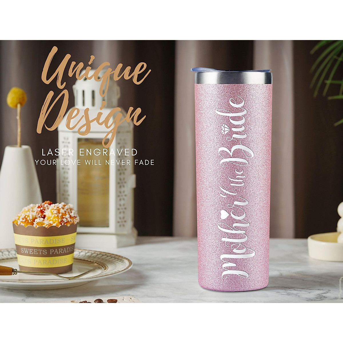 Onebttl Mother of The Bride Gifts, 20oz Stainless Steel Skinny Tumbler with Lid and Straw On Wedding Party for Brides Mom from Brides, Daughters (Glitter Pink)
