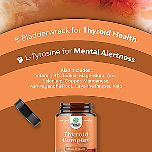 Herbal Thyroid Support Complex - Iodine Thyroid Supplement with L Tyrosine Bladderwrack Kelp Selenium and Ashwagandha - Mood Enhancer Energy Supplement for Thyroid Health - 60 Halal Capsules