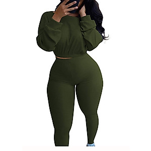 Women Ribbed 2 Piece Outfit Fall Winter Crop Tops Skinny Long Pants Bodycon Tracksuit Sweat Suit Set Jumpsuit Army Green XL