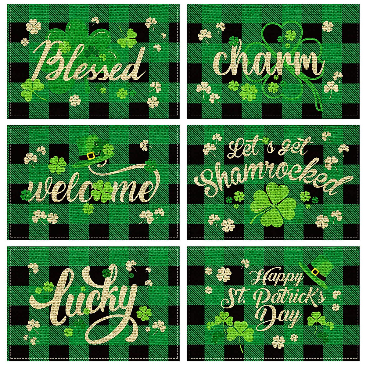 Tatuo 6 Pcs St. Patrick's Day Placemats Buffalo Plaid Placemats Lucky Clover Shamrock Blessed Table Mats Non Slip Heat Resistant Washable Place Mats for Kitchen Dining, 12 x 18 Inch (Stylish Style)