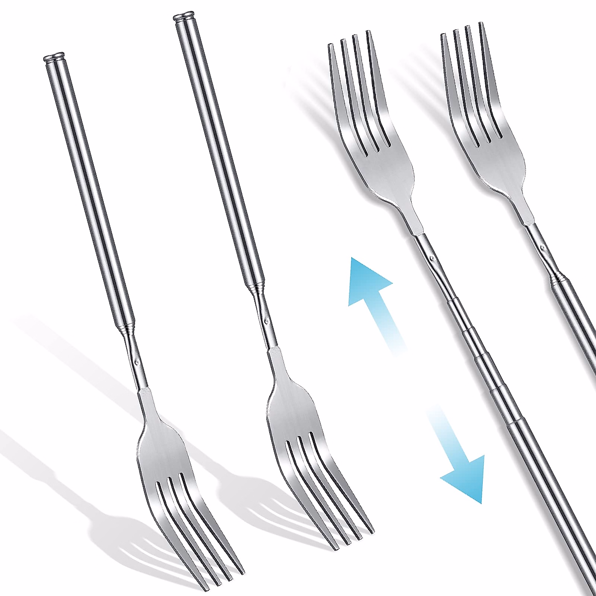 2 Pcs Dinner Extendable Fork Stainless Steel Adjustable BBQ Telescopic Extendable Dinner Fruit Dessert Long Handle Fork Cutlery Anti Rust Sturdy for Cooking Toasting Sausage Vegetable, 8.46-21.65 Inch