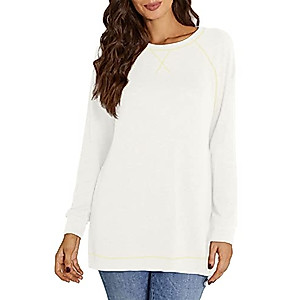 NILOUFO Womens Long Sleeve T Shirts Casual Blouses Trendy Tops Side Split Tunics(White, Large)