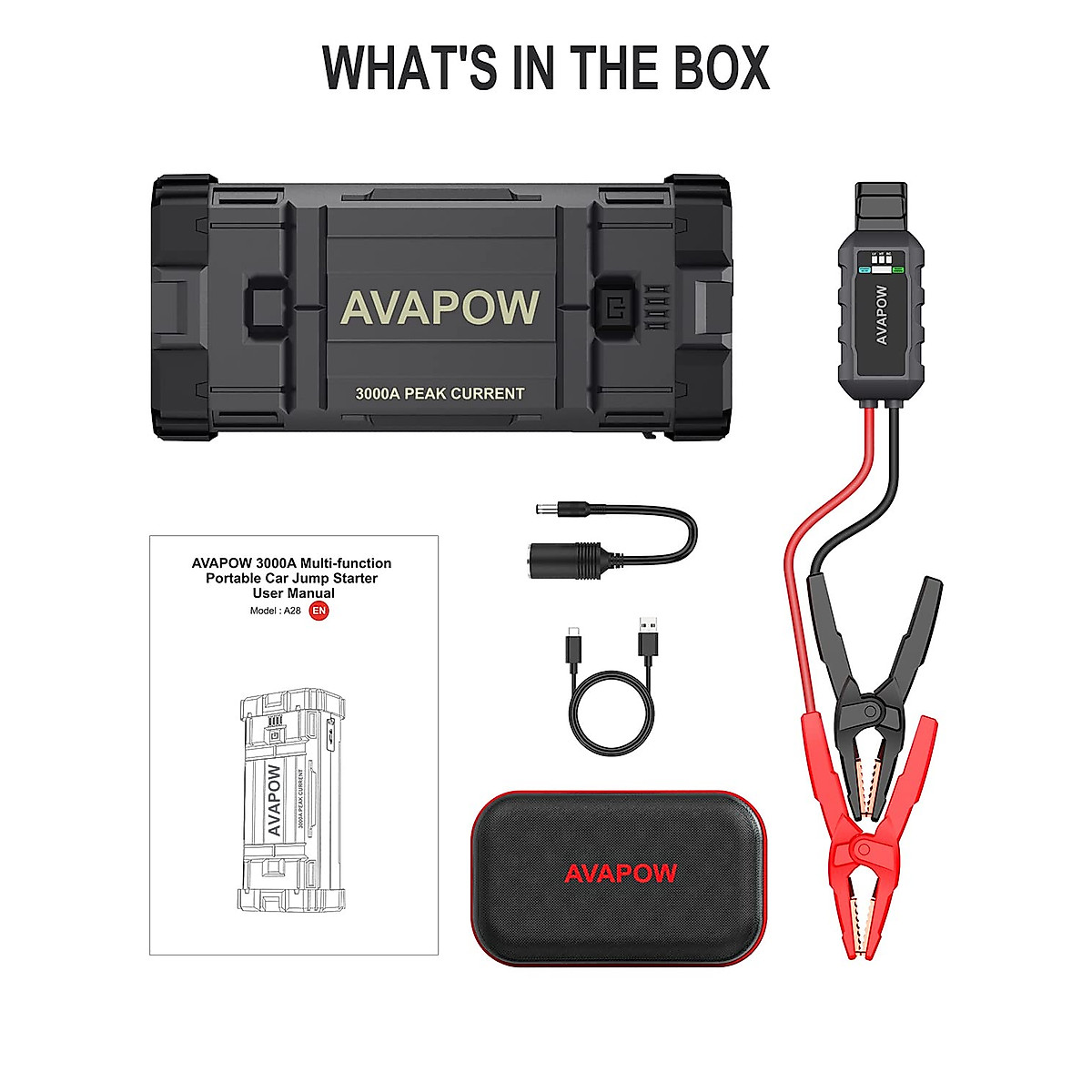 AVAPOW Car Battery Jump Starter 3000A Peak, Jumpstart with Force Start Function, Portable Starters for Up to 8L Gas 8L Diesel Engine with Booster Function,12V Lithium Jump Charger Pack Box