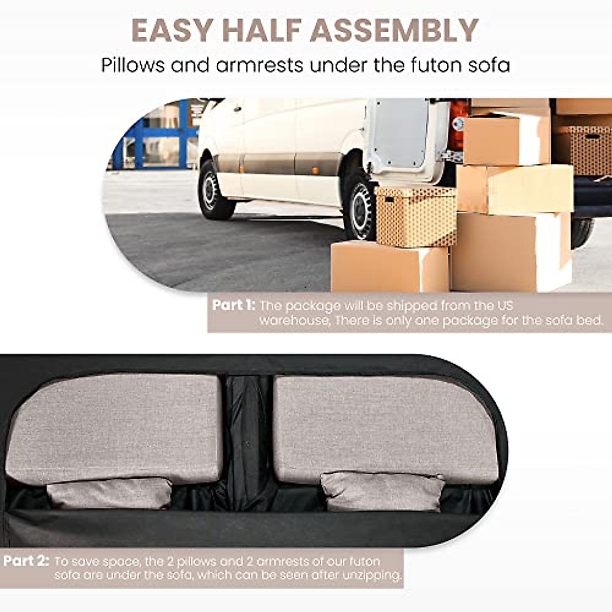 Recaceik Futon Sofa Bed, Convertible Bed Sectional Couch with Two Pillows & Adjustable Backrest, Folding Loveseat Sleeper Sofa Bed with Removable Armrests Linen Fabric Futon Couches for Living Room