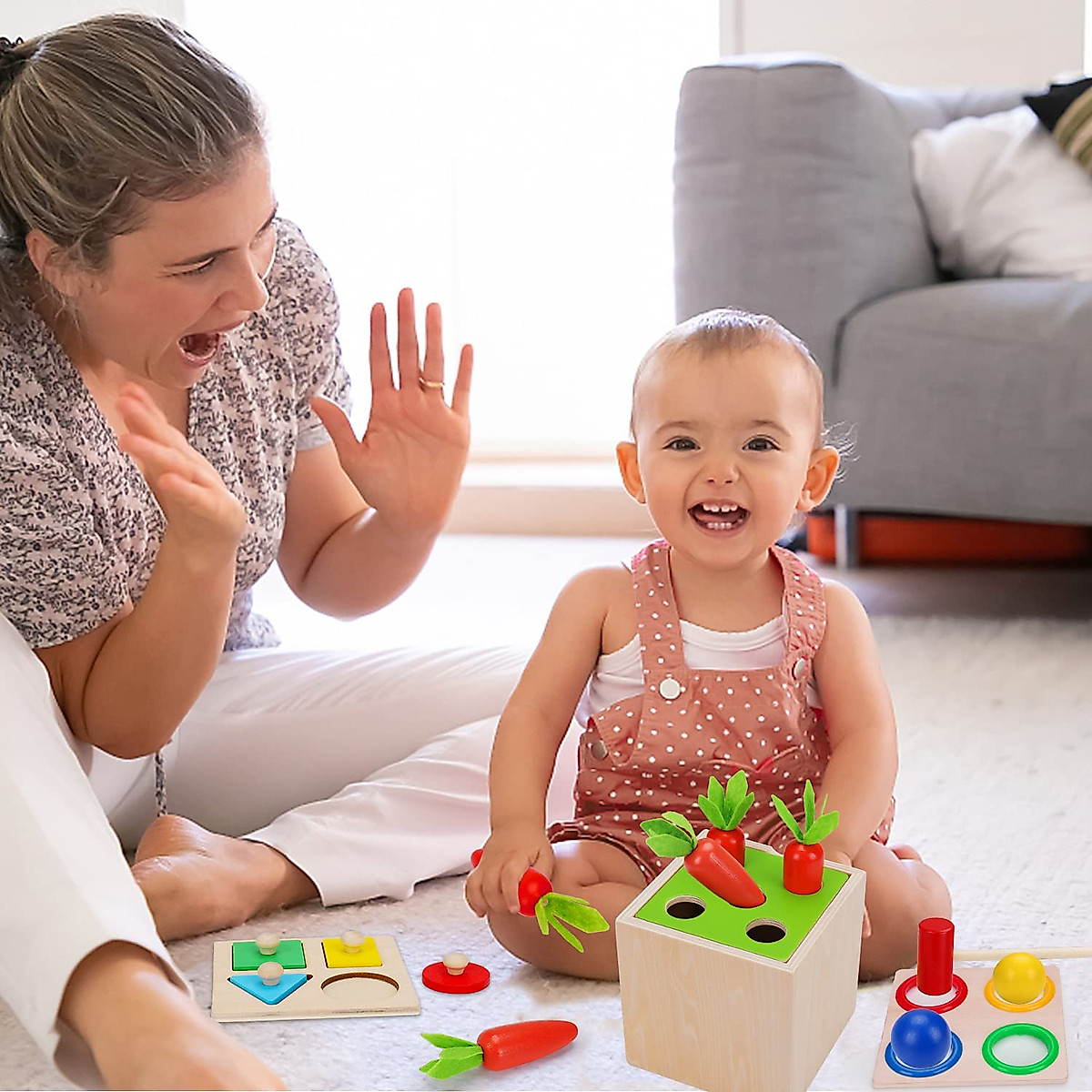 4 in 1 Wooden block Shape Sorter Montessori Toys for Toddler 1 2 3 Year Old Carrot pulling Harvest Catch Insect game Early Development Fine Motor Skills for Boy Girl 7 9 12 18 Birthday Easter Gifts