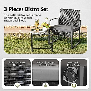 GUNJI Patio Furniture Sets 3 Pieces Outdoor Conversation Set with Coffee Table Patio Wicker Rattan Chairs Set Bistro Sets for Garden, Yard, Lawn, and Balcony (Gray)
