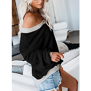Women's Casual V Neck Long Sleeve Waffle Knit Off Shoulder Top Oversized Pullover Sweater Black Large
