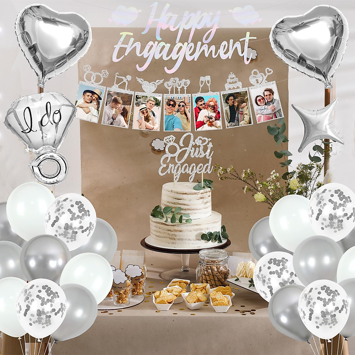 Trgowaul Engagement Wedding Decorations, Silver Happy Engagement Banner with 7PCS Photo Banner for Bridal Shower, Ring Foil Balloon, Just Engaged Cake Topper Bridal Shower Supplies