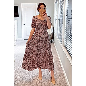 PRETTYGARDEN Women's Bohemian Dress Leopard Tie-Back Square Neck Puff Sleeve Ruffled Hem Summer Maxi Dresses(Pink,Large)