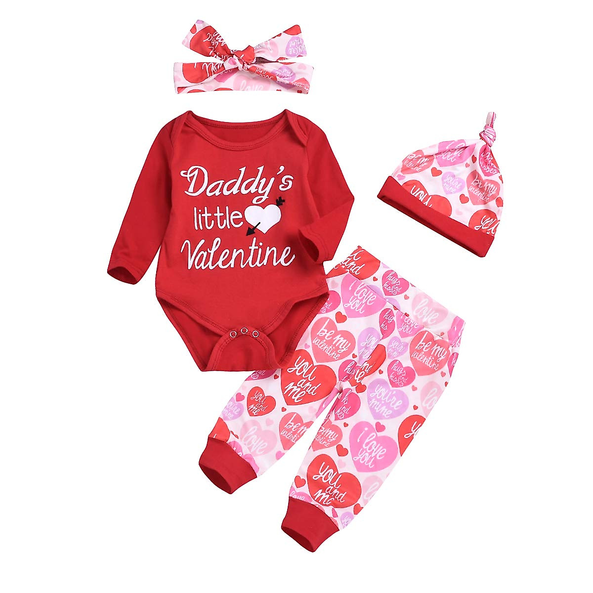 Sasaerucure 4PCS Valentine's Day Outfit Baby Girl Boy Infants My First Valentine's Day Long Sleeve Romper Pants Hat Headband Set (Daddy's Little Valentine, 0-3 Months)