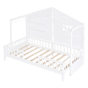 SOFTSEA Twin Size House Bed for Kids, Low Loft Bed with Storage Shelves, Wood Bed Frame with Window and Sparkling Light Stripe on The Roof, Kids Twin Bed Frame, No Box Spring Needed, White