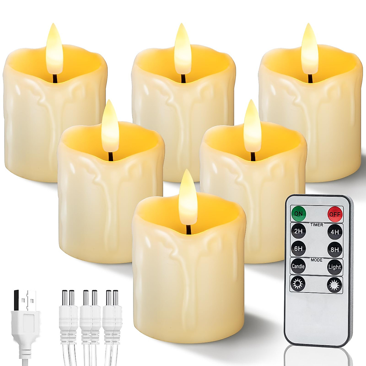 Homemory Rechargeable Flameless Candles with Timer Remote, 2" x 2" Realistic Battery Operated LED Votive Tea Lights, 6Pack Electric Fake Candle in Warm White (USB Charging Cable Included)