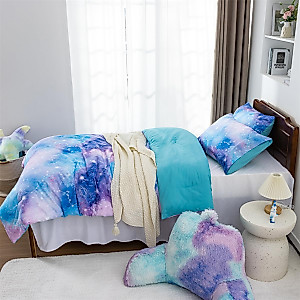 Holawakaka Tie Dye Galaxy Constellation Print Ombre Comforter Set Twin/Twin XL Size Girls Boys Dorm Gradient Space Stars Bedding Set (Blue Purple, Twin)