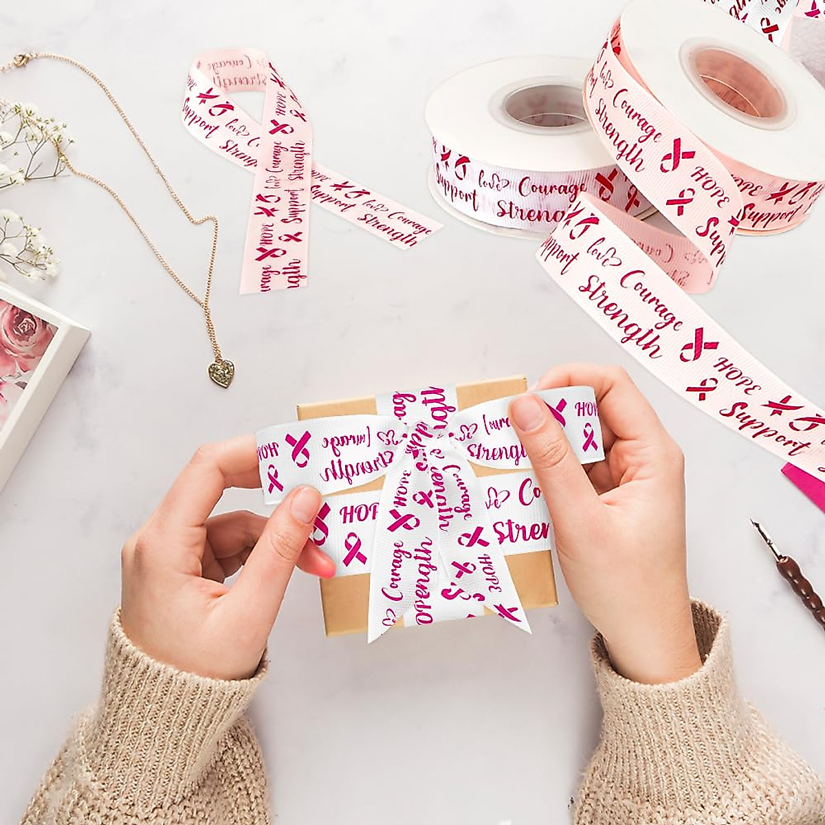 Breast Cancer Awareness Ribbon 25 Yards 1 Inch White Ribbon Pink Ribbon Breast Cancer Grosgrain Ribbon for Breast Cancer Awareness Accessories Cheer Bows Party Decorations Crafts Wreath Hair