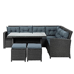 GODAFA 7 Seating Outdoor Patio Furniture Sectional Sofa Set, All-Weather L Shaped Couch with Glass Table, Ottomans for Backyard Porch Poolside, 1, Black