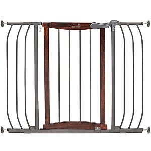 Summer by Ingenuity Anywhere Decorative Walk-Thru Pet and Baby Gate, 28" - 42.5" Wide, 30” Tall, Install In-between Rooms, Doorways and Stairways - Walnut Wood with Charcoal Metal Accents