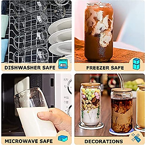 Glass Cups with Bamboo Lids and Glass Straw 6pcs Set - Beer Can Shaped Drinking Glasses, 16 oz Iced Coffee Glasses, Cute Tumbler Cup for Smoothie, Boba Tea, Whiskey, Juice, Water - 2 Cleaning Brushes