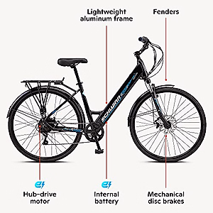 Schwinn Kettle Valley Adult Electric Bike, 18.5-Inch Aluminum Frame, 7 Speed, 700c Wheels, 375Wh Battery, Gloss Black