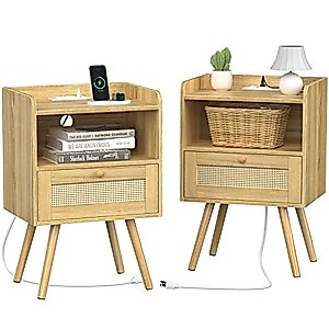 SUPERJARE Nightstands Set of 2, Night Stands with Charging Station & PE Rattan Decor Drawer, Bed Side Tables with Solid Wood Feet, End Table, for Bedroom, Living Room - Natural