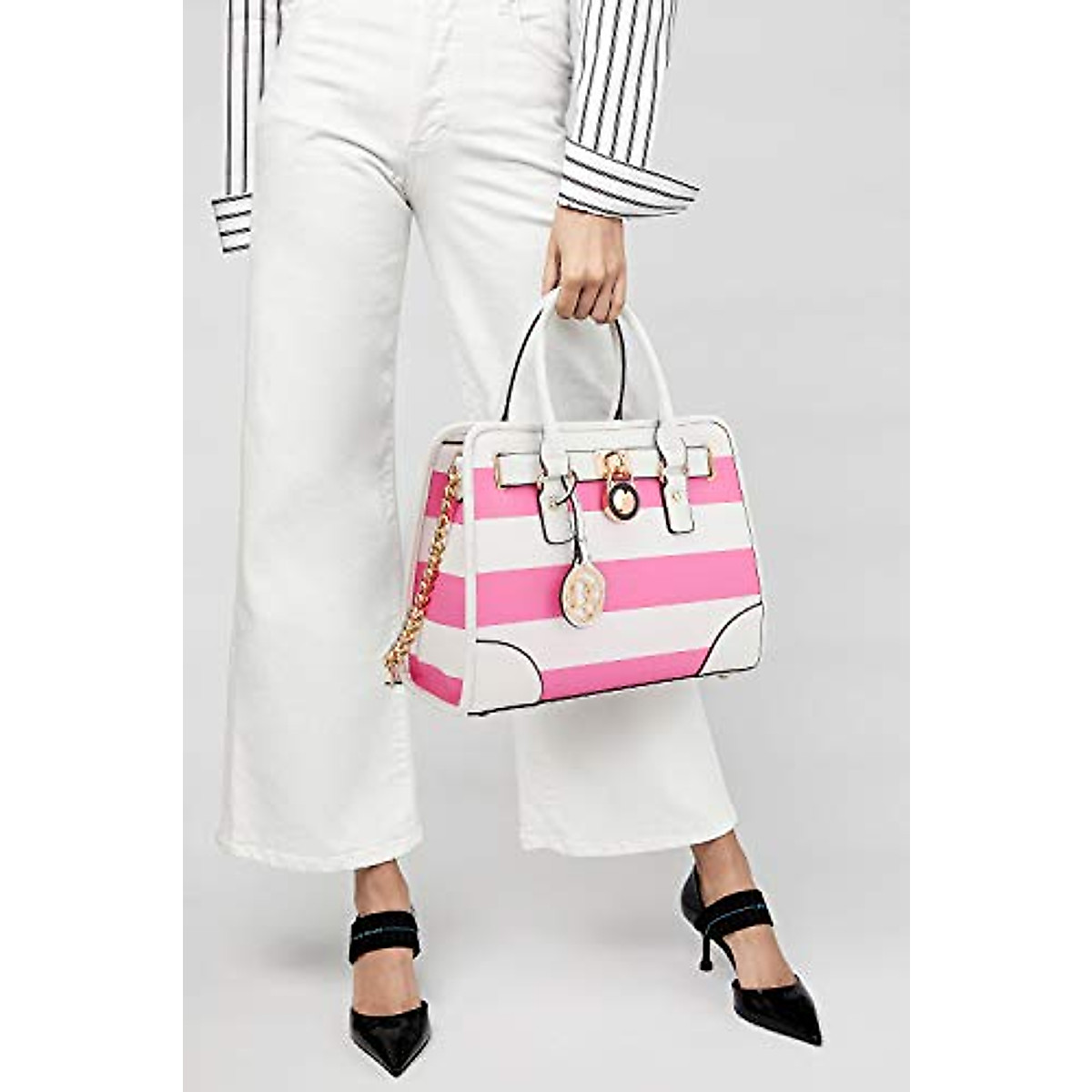 Dasein Women Handbags Top Handle Satchel Purse Shoulder Bag Hobo Bag Work Bag Set 2pcs (Pink/White)