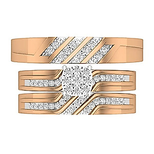 Dazzlingrock Collection 0.35 Carat Round White Diamond Cushion Framed Trio Ring Set for Him & Her in 10K Rose Gold, Women Size 4 and Men Size 8