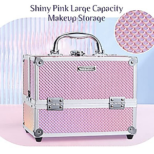 FRENESSA Makeup Train Case Beauty Cosmetic Box 4 Tier Trays Jewelry Storage Organizer with Lockable Pink Lining Perfect for Women and Girls - Mermaid Pink