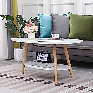 RVEE 2 Tier Coffee Table Cocktail Table Sofa Table Ellipse Oval Modern Mid Century Wood Legs White