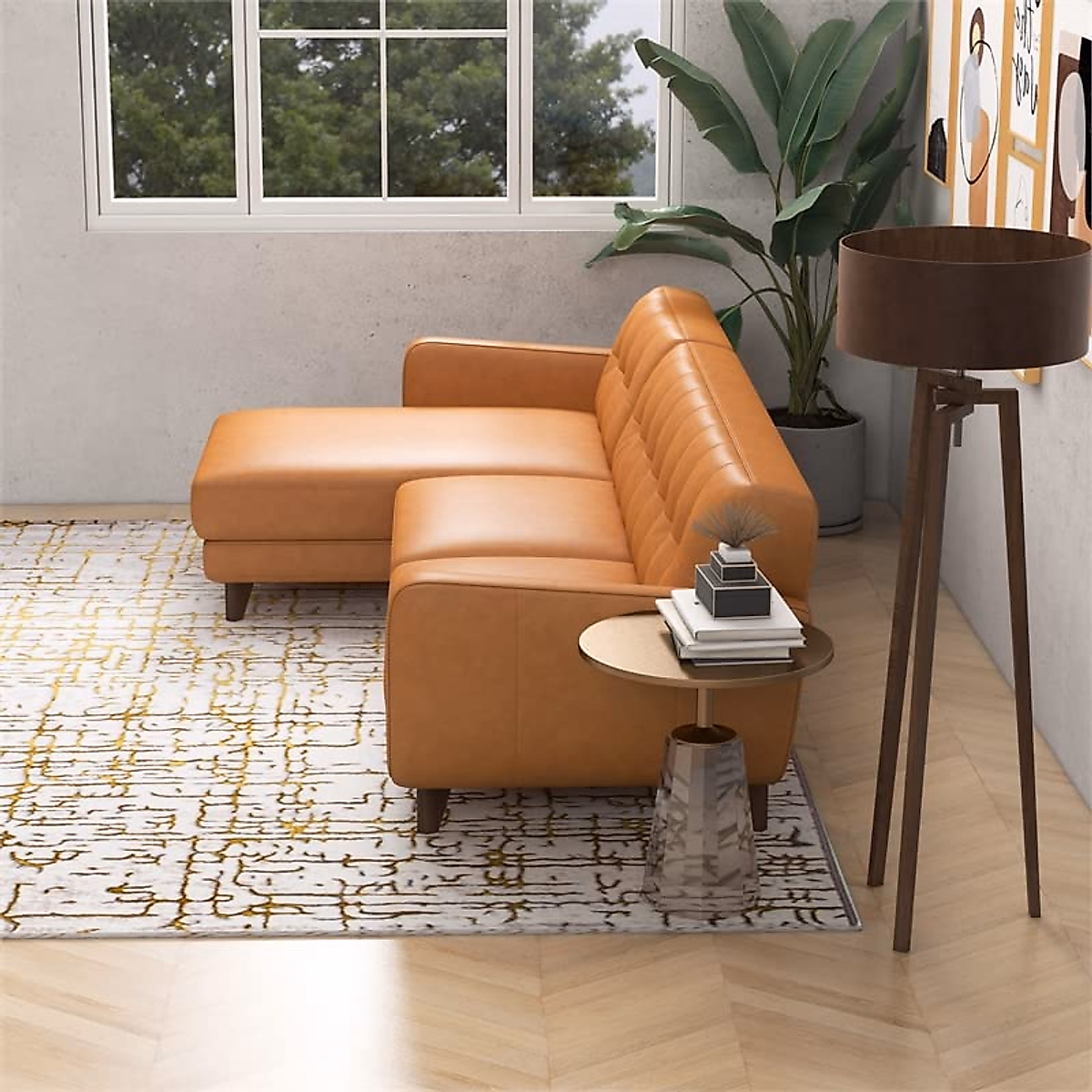 ASHCROFT Davis Modern Living Room Top Leather Corner Sectional Couch in Brown