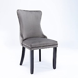 Dining Chairs Set of 2, HABITRIO Upholstered Wing-Back Button Tufted Dining Chair with Backstitching Nailhead Trim and Solid Wood Legs (Dark Grey)