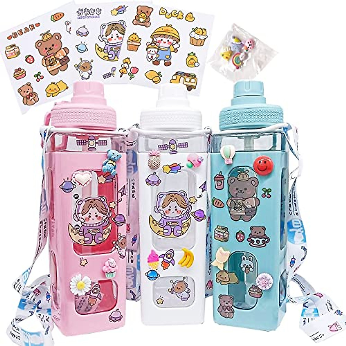 Fanovo Kawaii Water Bottle for Girls, Cute Kids Water Bottles with Straw, Carton Water Jug Large Square Drinking Bottle, Portable Leakproof Aesthetic Water Cup + 3D Stickers/Shoulder Strap, 30 oz