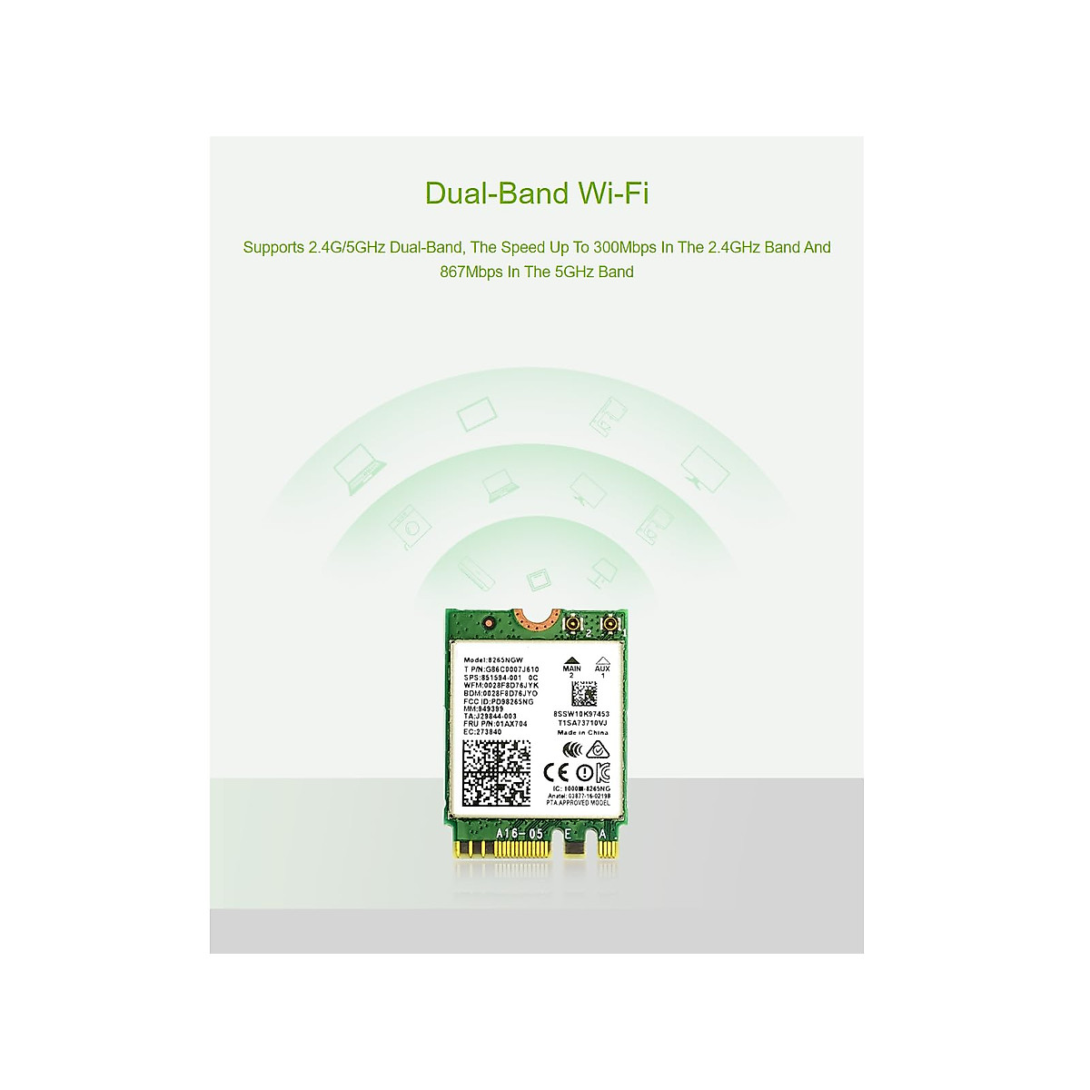 Wireless-AC8265 Dual Mode AC8265 Wireless NIC Module for Jetson Nano Developer Kit M.2 NGFF Support 2.4GHz / 5GHz 300Mbps / 867Mbps Dual Band WiFi and Bluetooth 4.2