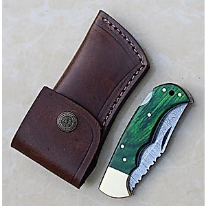 Nesmo-504 Handmade Damascus Steel folding knife 6.5'' Pocket Knife With Leather Pouch, Back Lock Knife For Hunting, Camping, Skining and outdoor (Green Pakka Wood Handle)