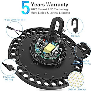 DragonLight LED High Bay Light 200W, 0-10V Dimmable 30,000LM LED UFO Light Fixture [800W MH/HPS Equiv.] 5000K 5' Cable with US Plug 100-277V for High Bay Commercial Area Lighting, 5-Year Warranty