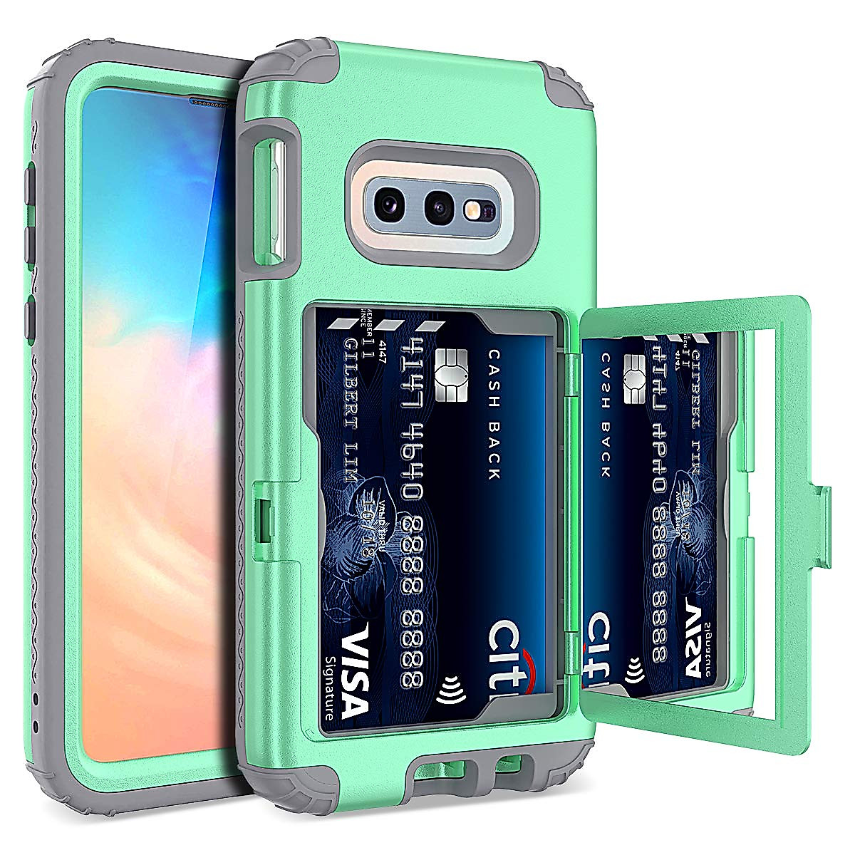 WeLoveCase Galaxy S10e Wallet Case Built in Screen Protector S10e Defender Wallet Card Holder Cover with Hidden Mirror 3 Layer Shockproof Heavy Duty Protection Case for Samsung Galaxy S10e Mint