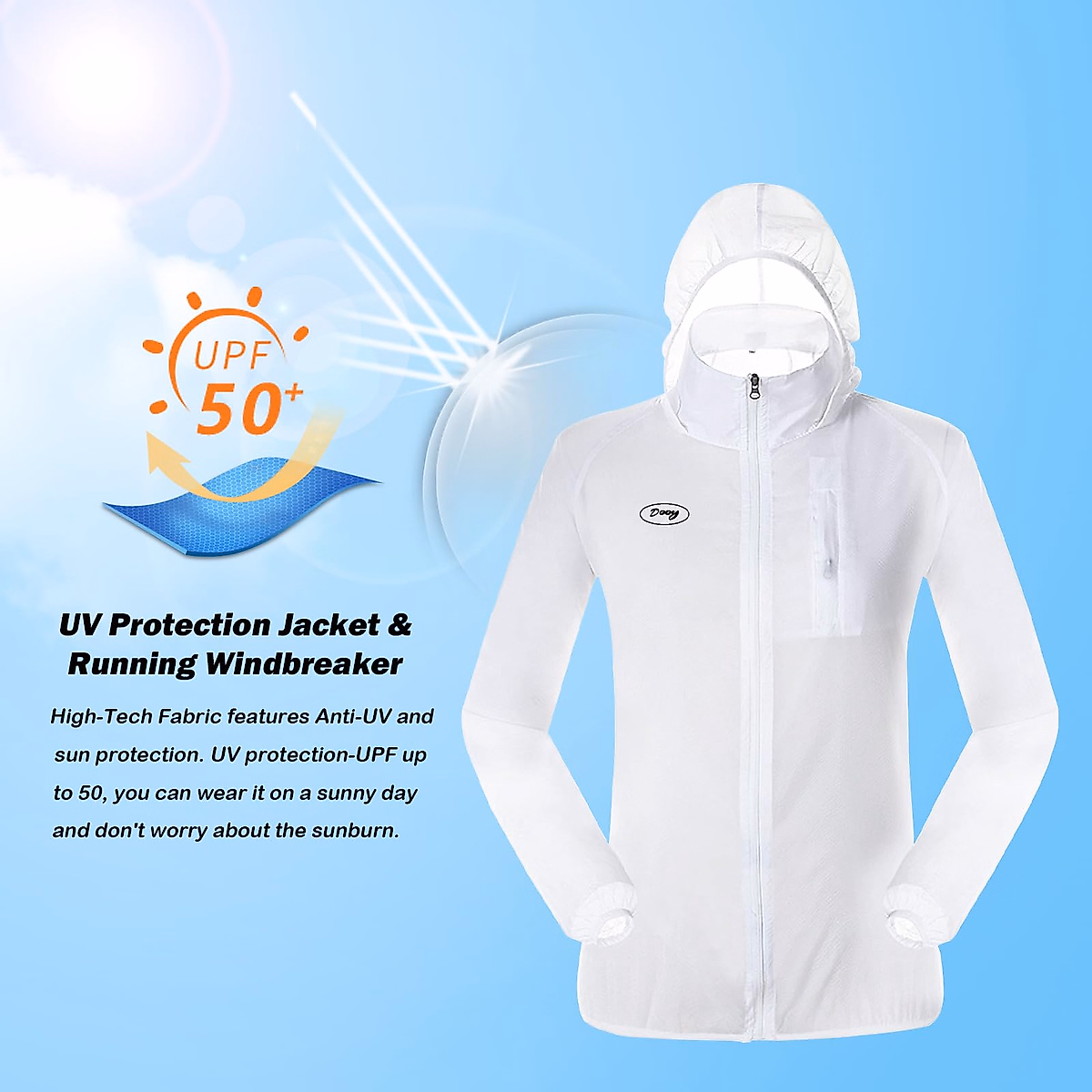 Dooy Sun Protection Jacket Ultra Light Thin Breathable Packable Outdoor Cycling Jacket Hoodie Skin Clothing for Men & Women（white，XL）